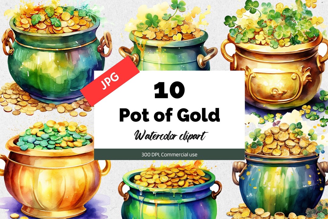 Watercolor Pot of Gold Clipart, St. Patrick's Day, 10 High Quality Jpgs ...