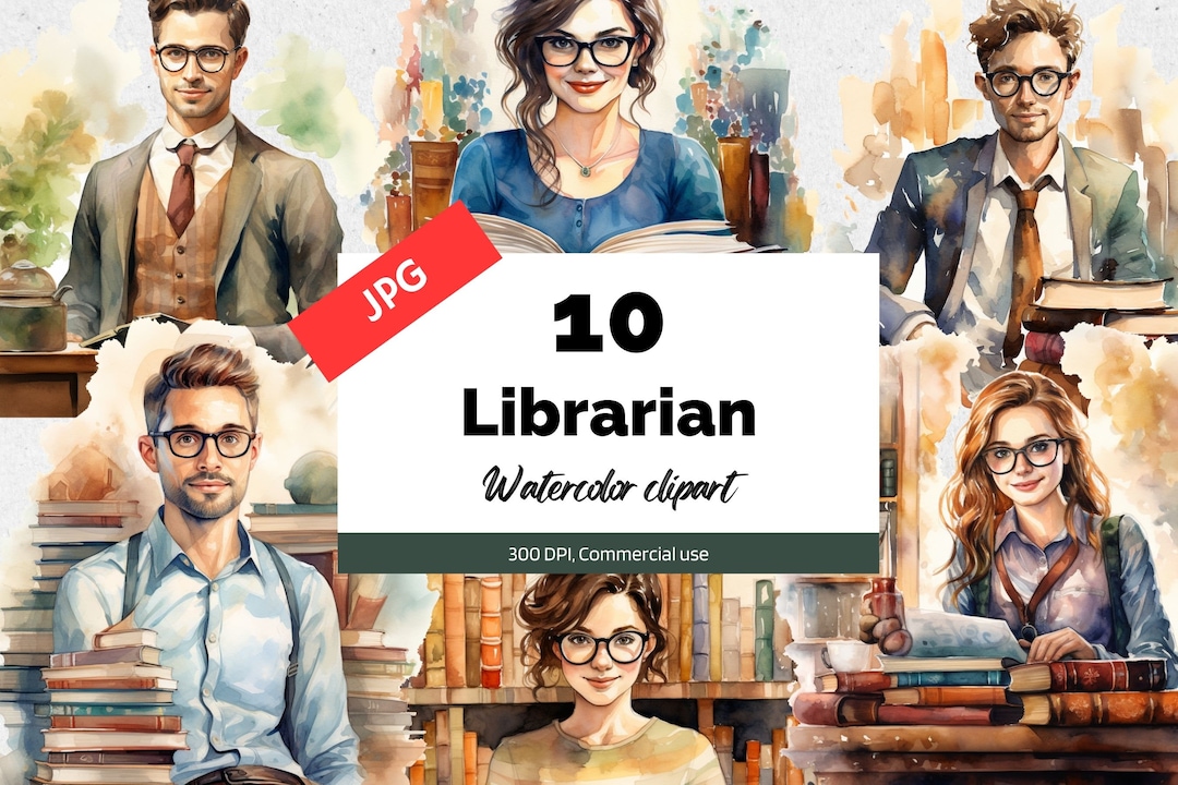 Watercolor Librarian Clipart, 10 High Quality Jpgs, Commercial Use ...