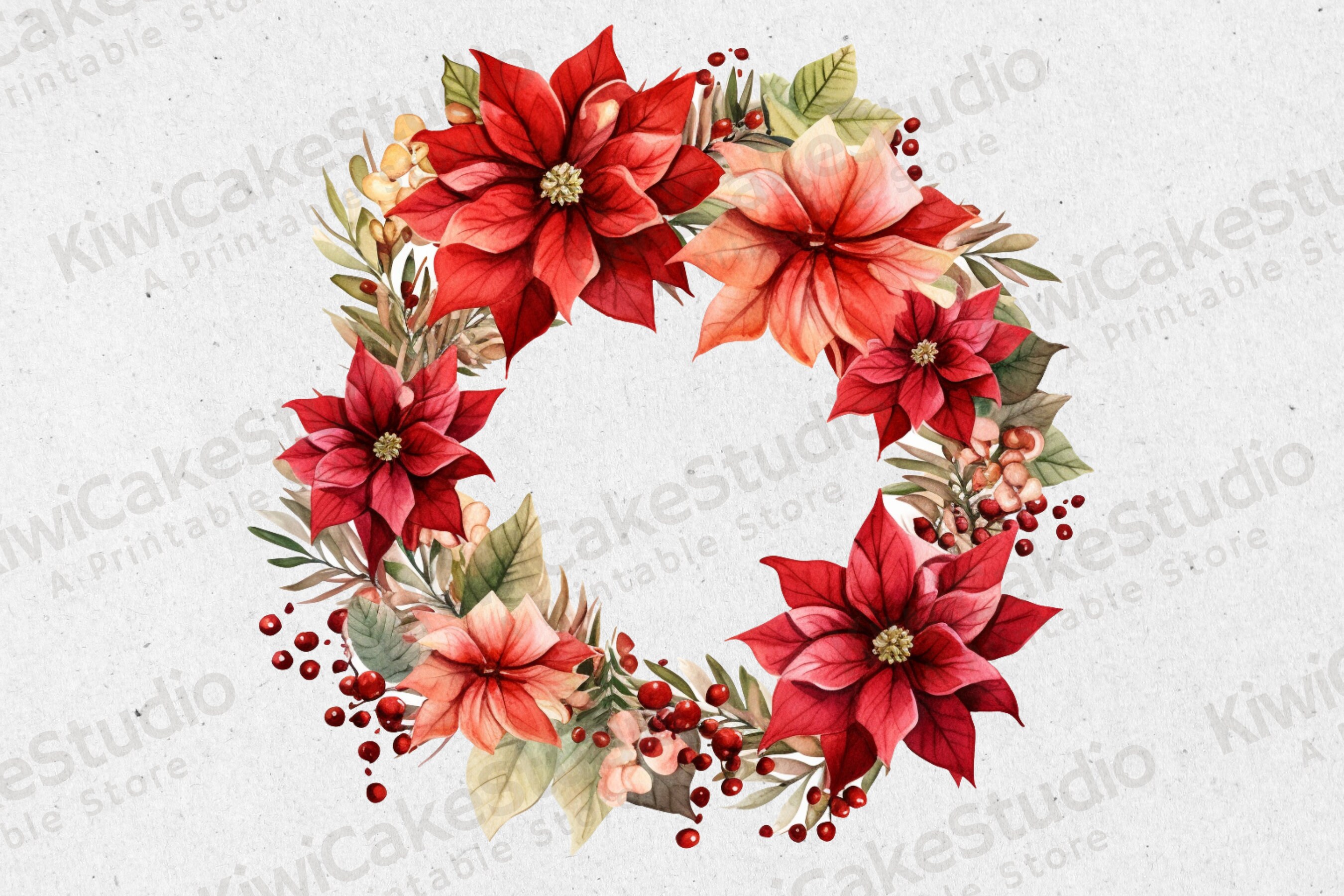 Watercolor Poinsettia Wreath Clipart, 10 High Quality Jpgs, Christmas ...