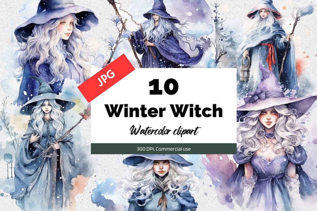 Watercolor Winter Witch Clipart, 10 High Quality Jpgs, Commercial Use ...