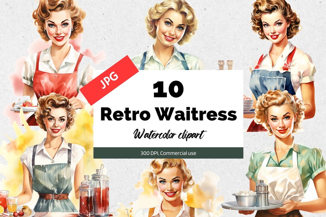 Watercolor Retro Waitress Clipart, 10 High Quality Jpgs, Commercial Use ...