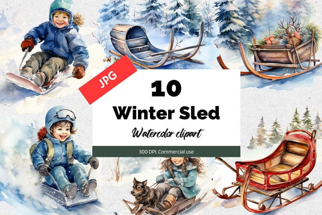 Watercolor Winter Sled Clipart, 10 High Quality Jpgs, Commercial ...