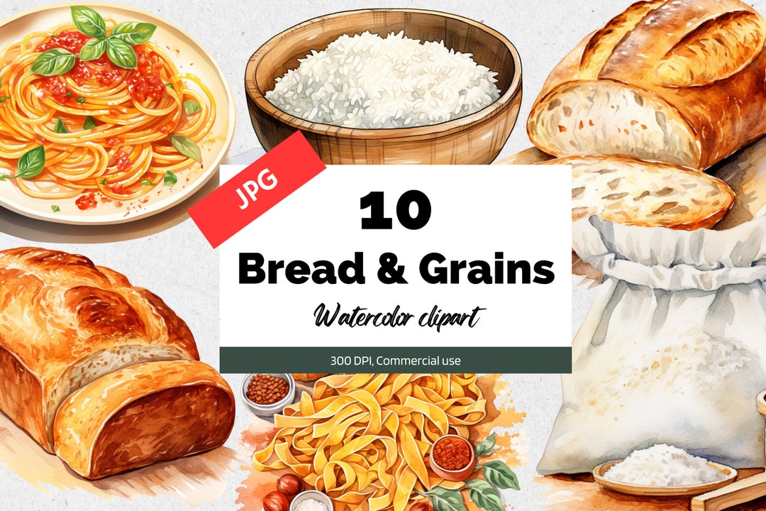 Watercolor Bread and Grains Clipart, 10 High Quality Jpgs, Pasta, Rice ...