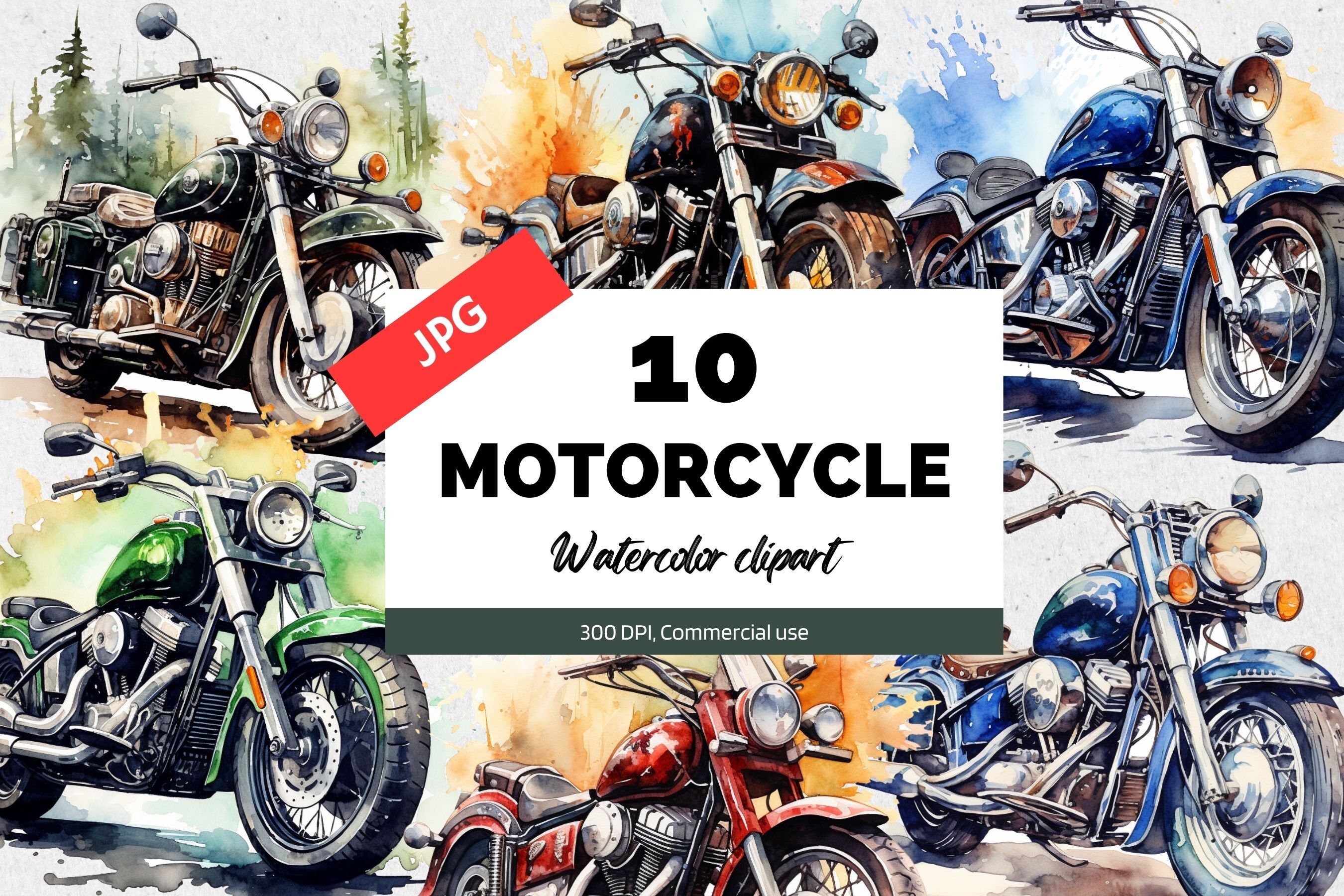 Watercolor Motorcycle Clipart, 10 High Quality Jpgs, Commercial Use ...