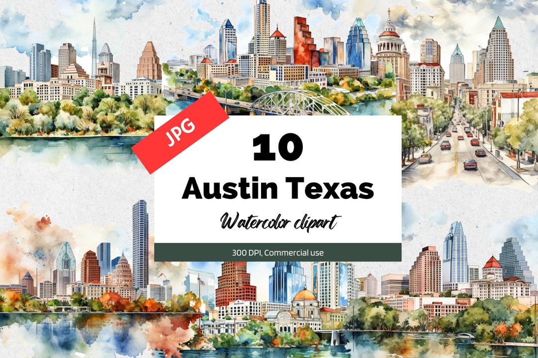 Watercolor Austin Texas Clipart, 10 High Quality JPG, Commercial Use ...