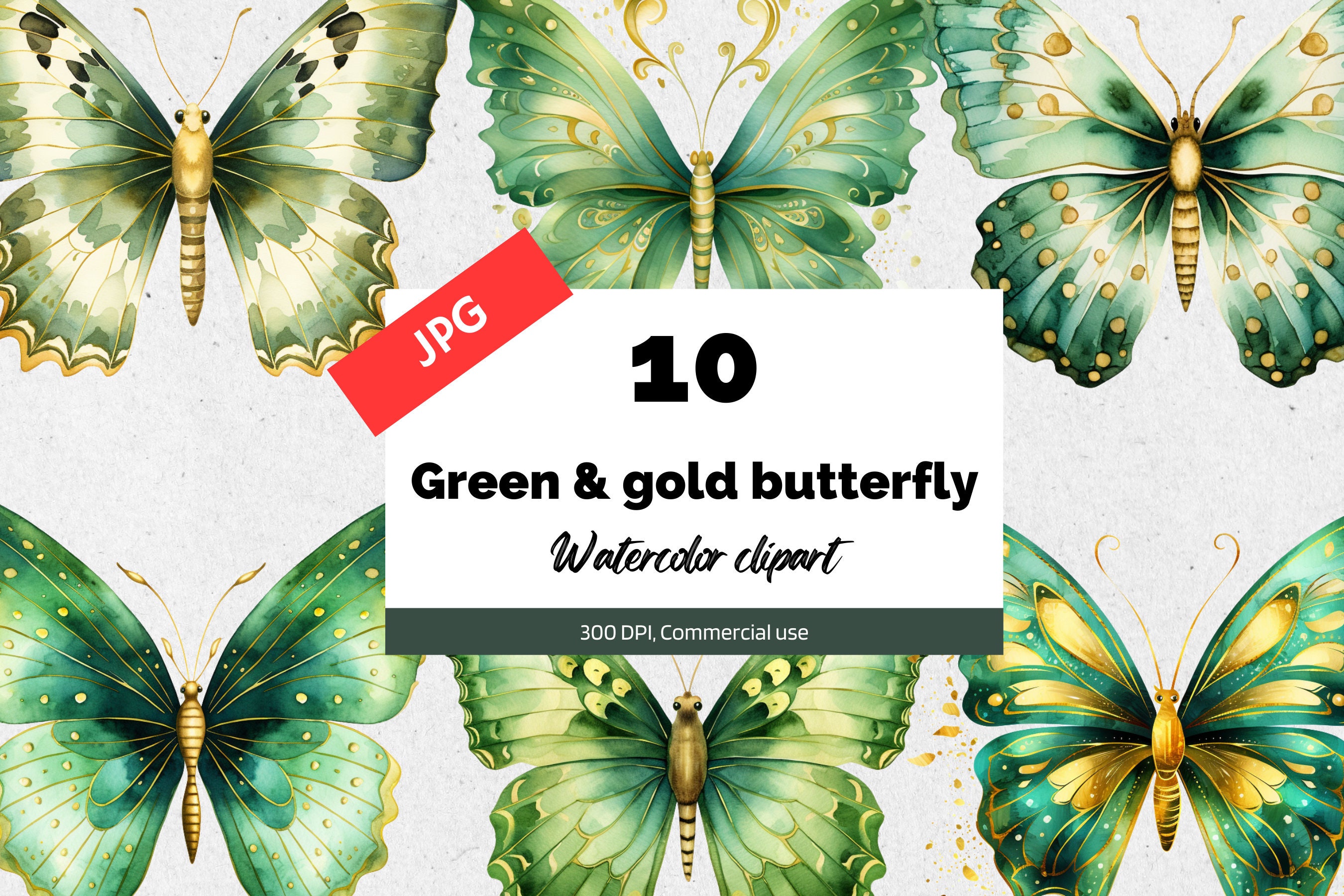 Green and Gold Butterfly Clipart, 10 High Quality Jpgs, Green ...