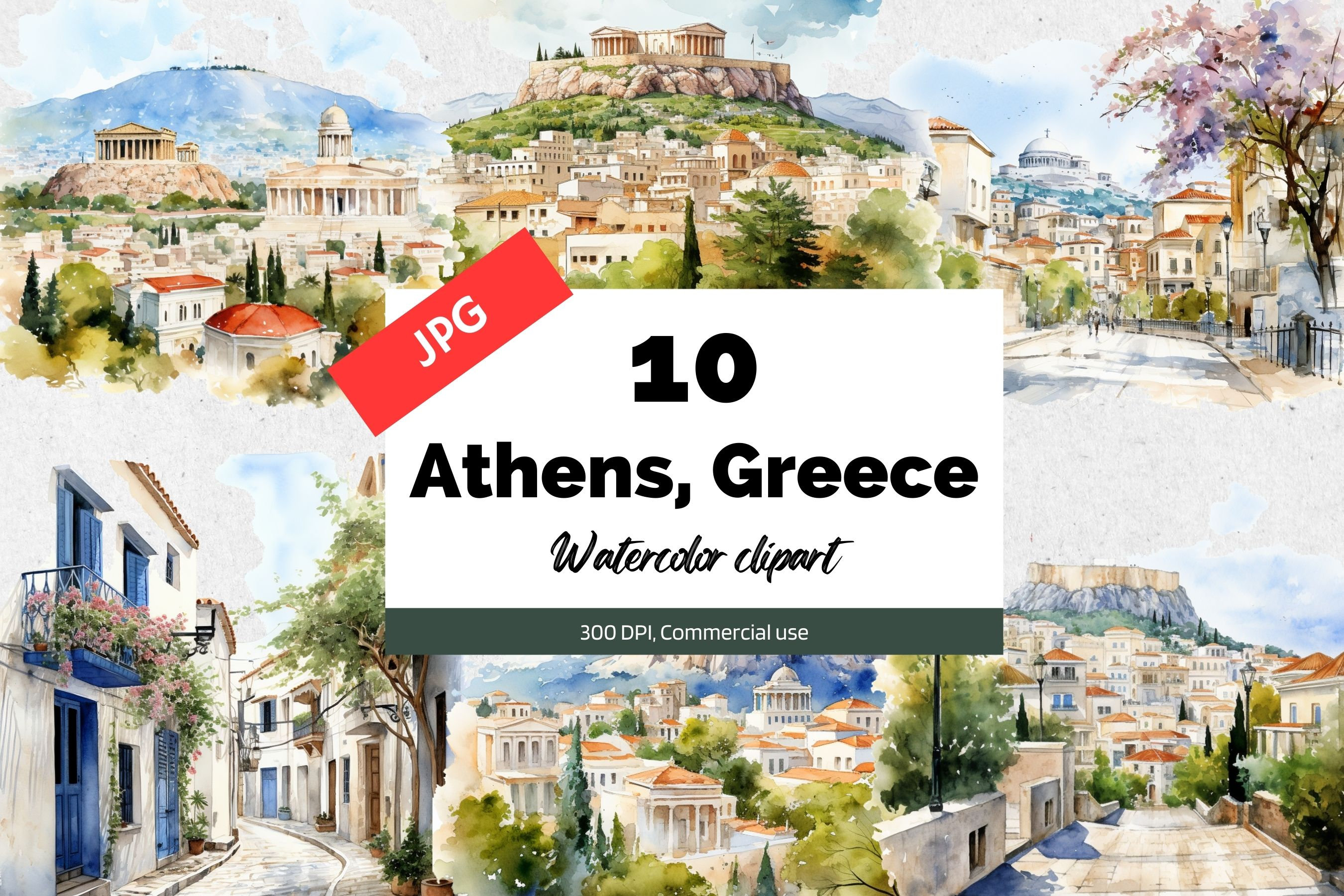 Watercolor Athens Greece Clipart, 10 High Quality Jpgs, Commercial Use ...