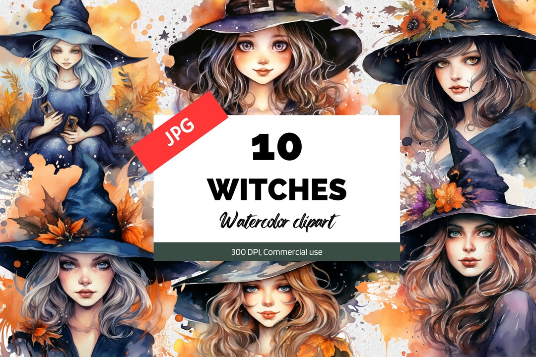 Watercolor Witches Clipart, 10 High Quality Jpgs, Witch Hat Graphics ...