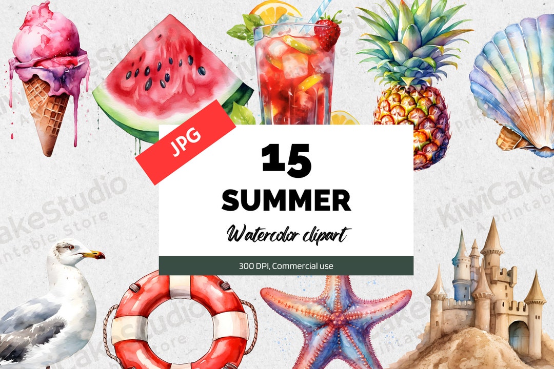 Watercolor Summer Clipart JPG, Commercial License, Instant Download ...