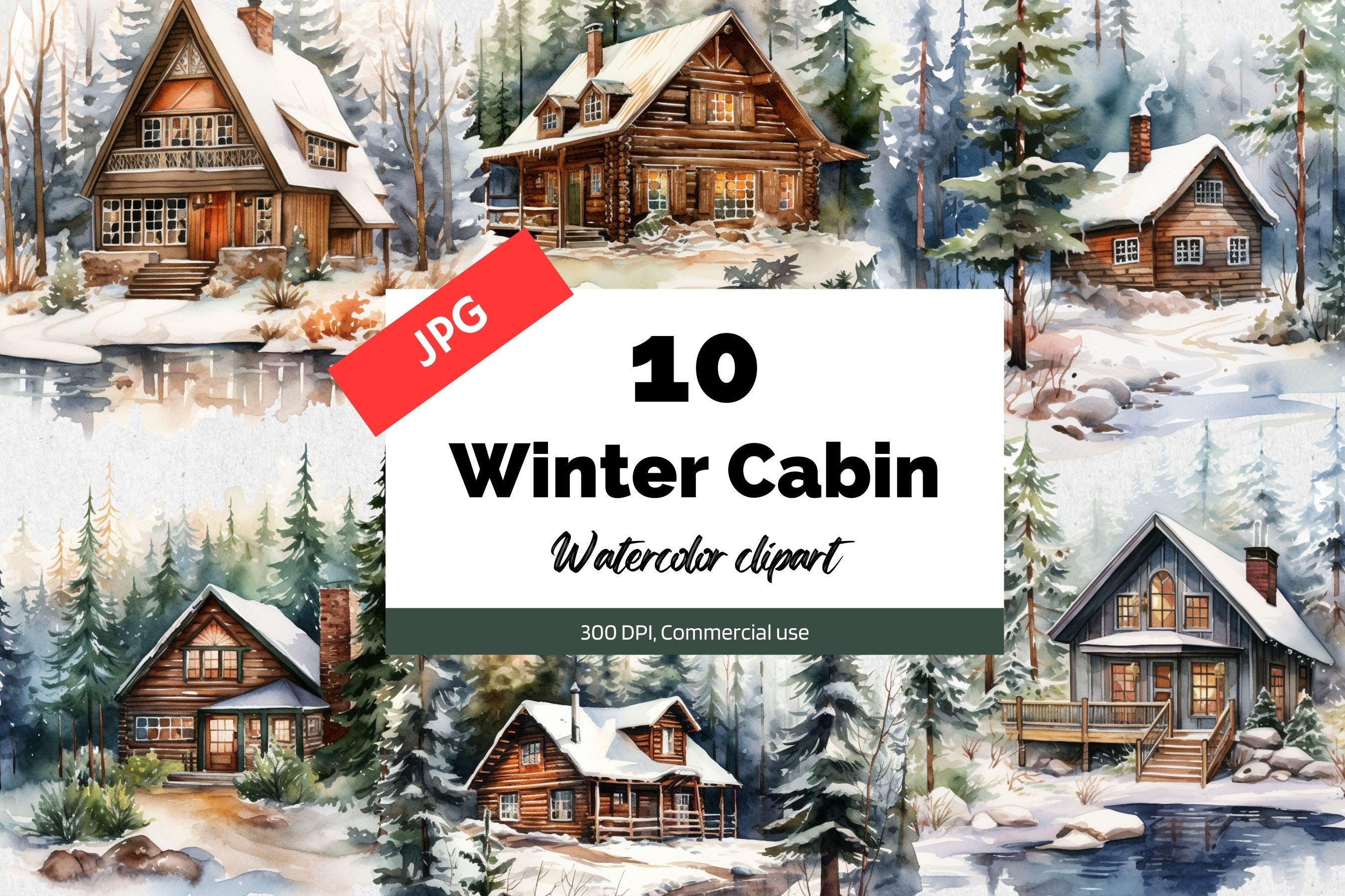 Watercolor Winter Cabin Clipart, 10 High Quality Jpgs, Commercial Use ...
