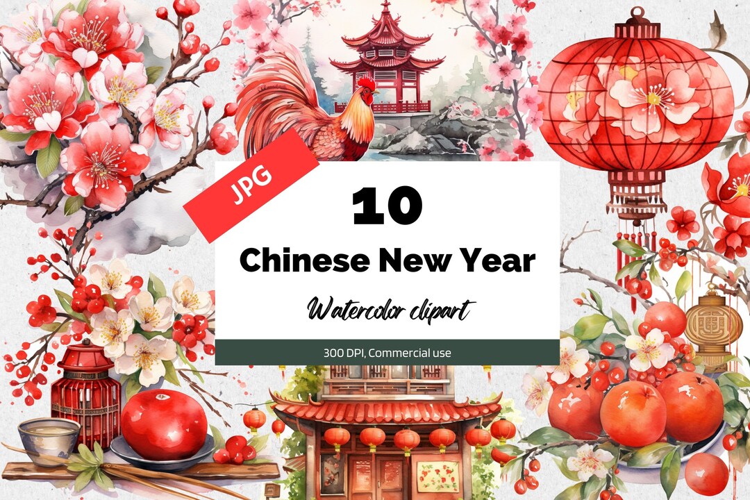 Watercolor Chinese New Year Clipart, 10 High Quality Jpgs, Commercial ...