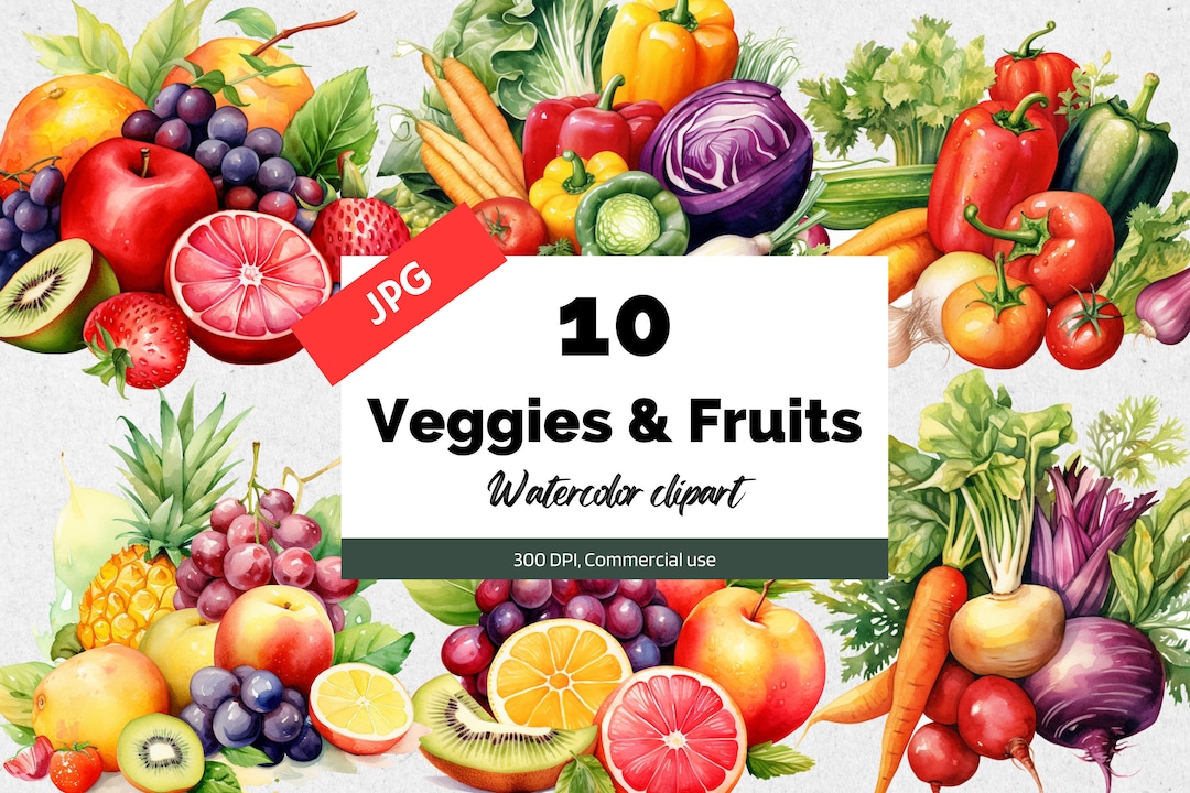 Watercolor Veggies and Fruit Clipart, 10 High Quality Jpgs, Vegetables ...
