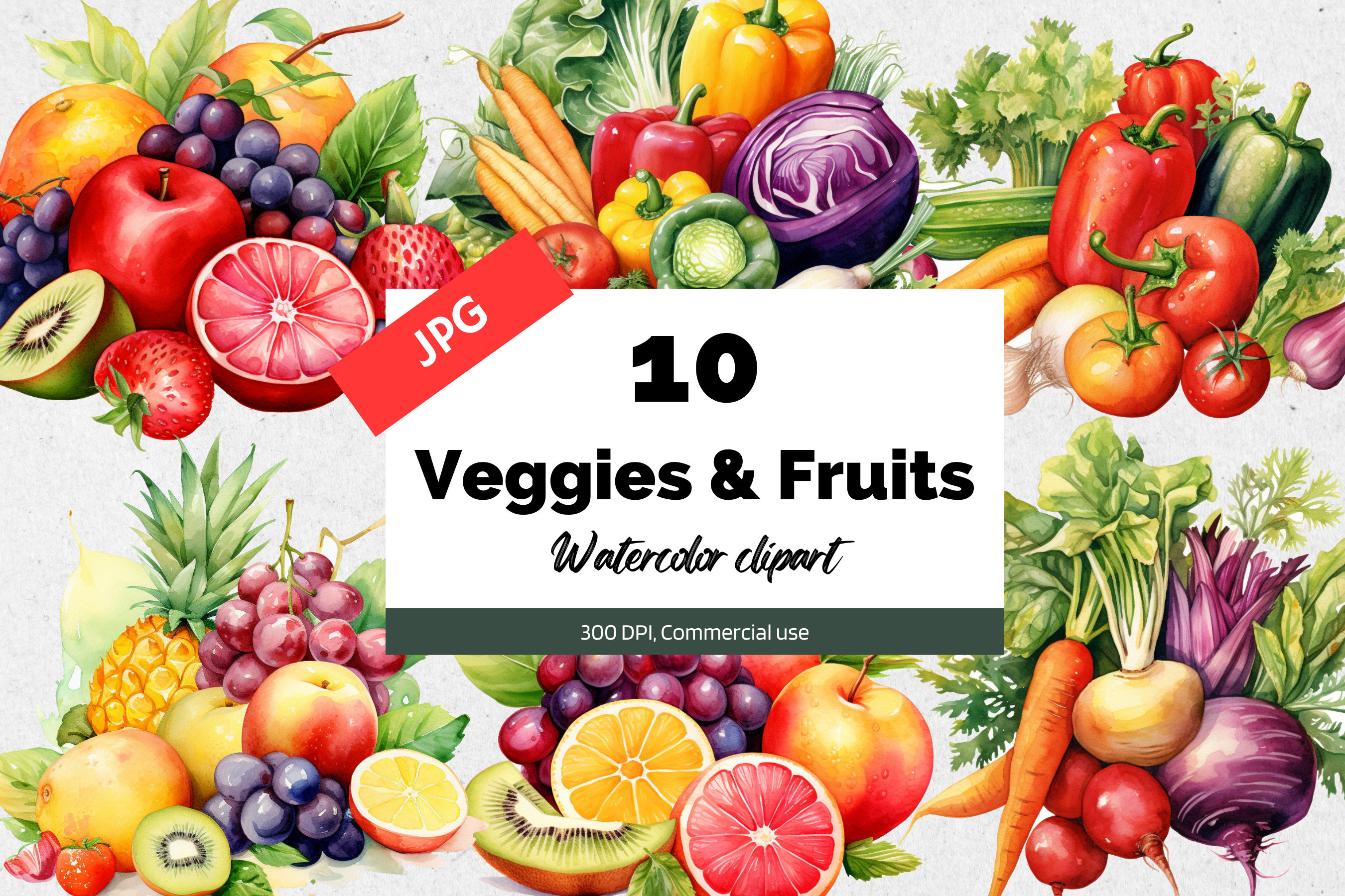 Watercolor Veggies and Fruit Clipart, 10 High Quality Jpgs, Vegetables ...