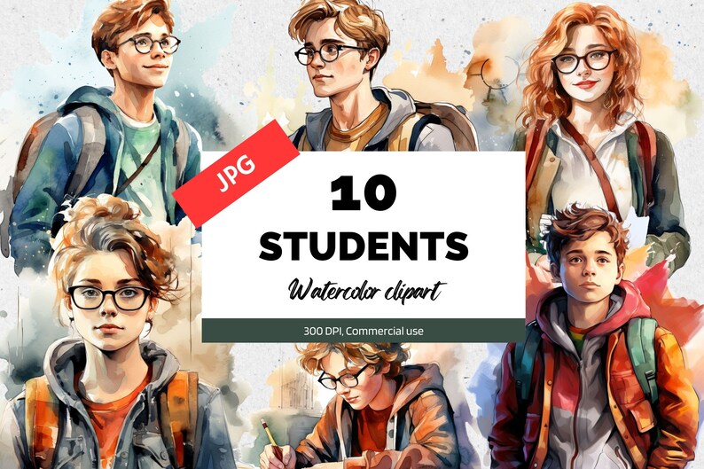 Watercolor Students Clipart, 10 High Quality Jpgs, Commercial Use ...