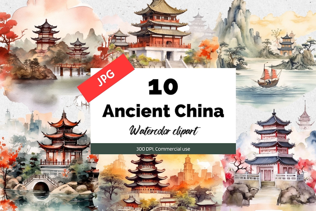 Ancient China Watercolor Clipart, 10 High Quality Jpgs, Commercial Use ...