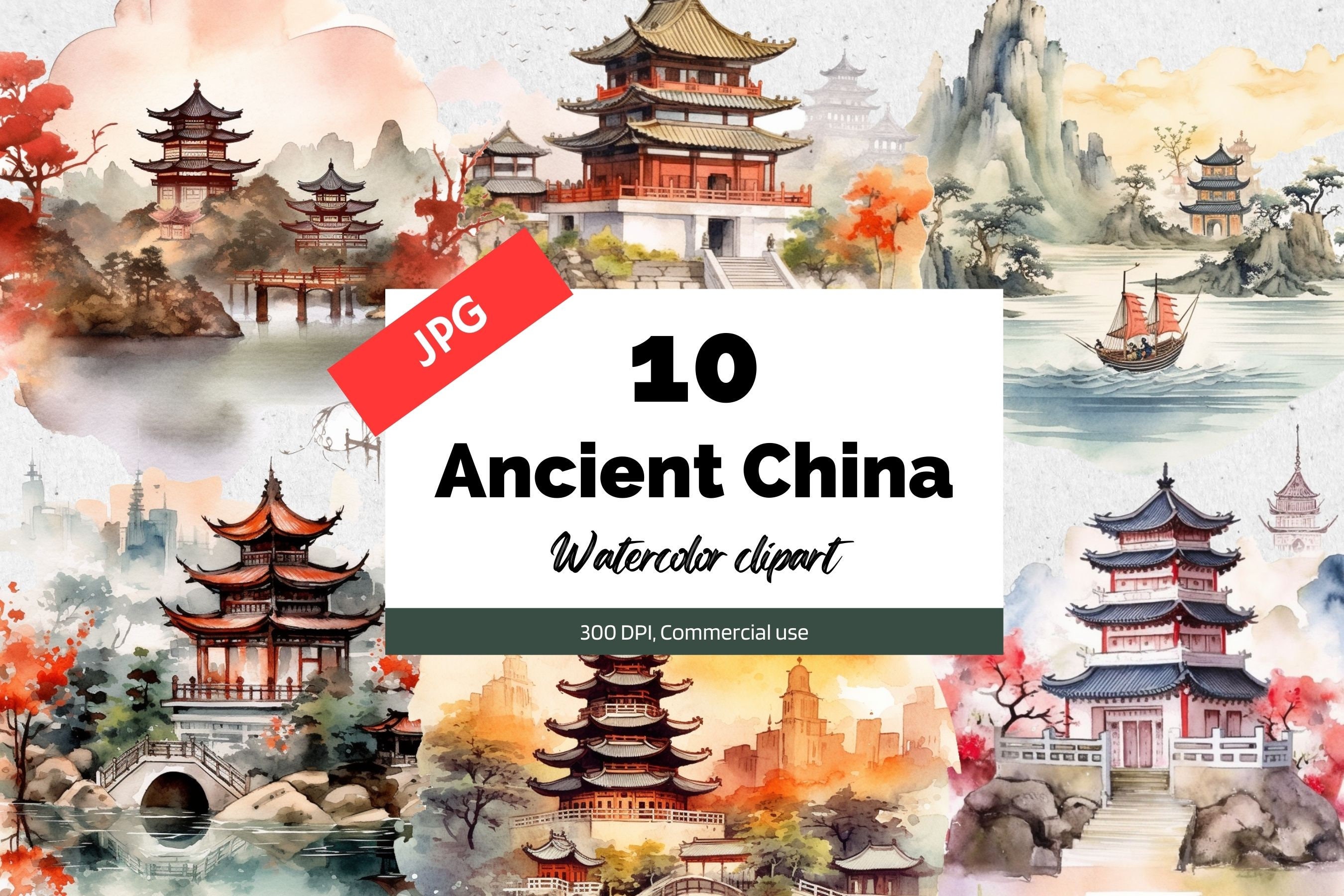 Ancient China Watercolor Clipart, 10 High Quality Jpgs, Commercial Use ...