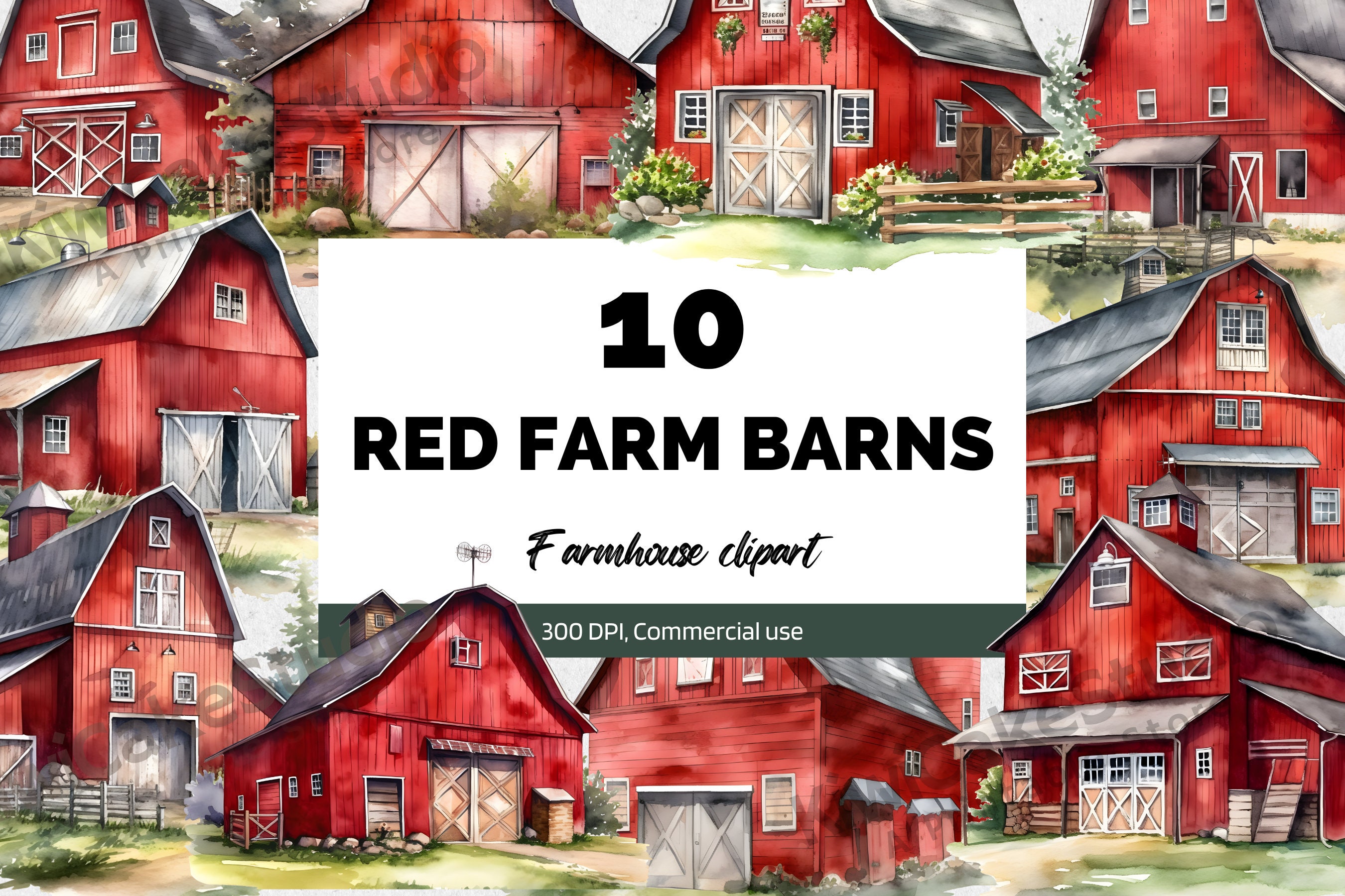 Watercolor Farmhouse Clipart, Red Barn, Farm House Bundle PNG, Farmers ...