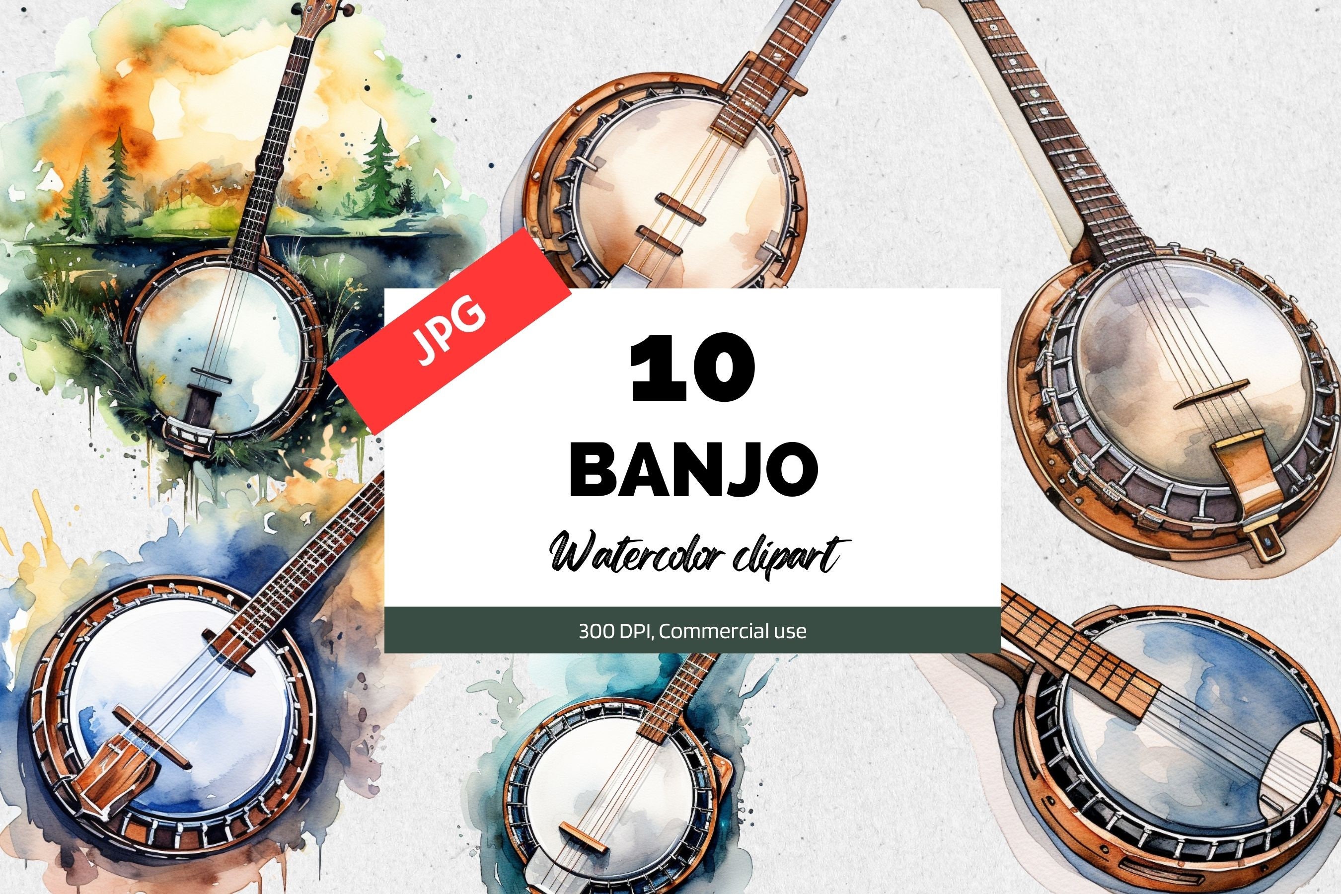 Watercolor Banjo Clipart, 10 High Quality Jpgs, Commercial Use, Instant ...