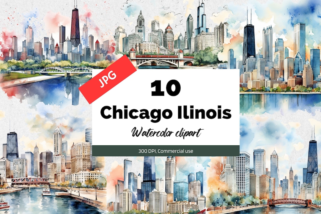 Watercolor Chicago Illinois Clipart, 10 High Quality Jpgs, Commercial ...