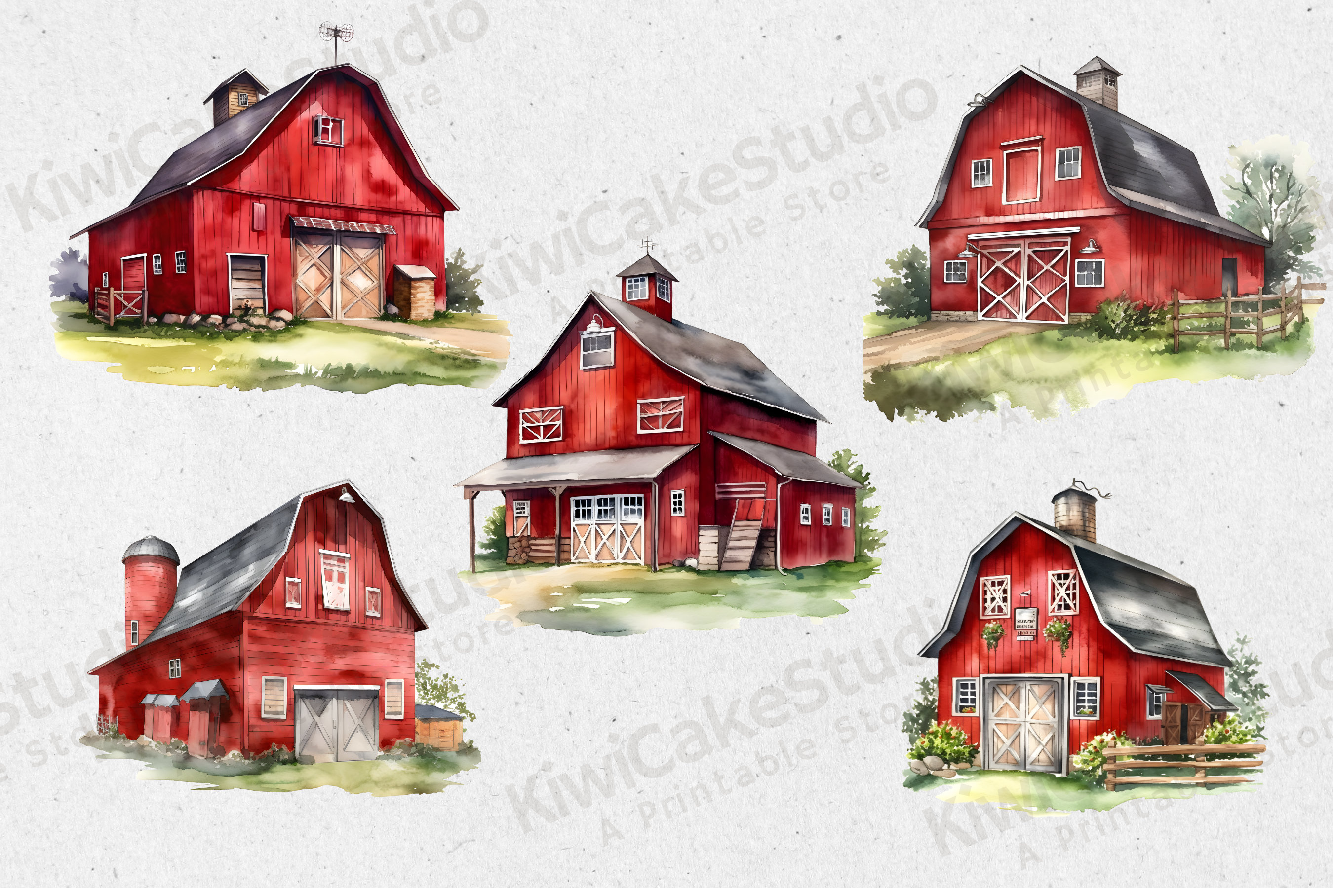Watercolor Farmhouse Clipart, Red Barn, Farm House Bundle PNG, Farmers ...