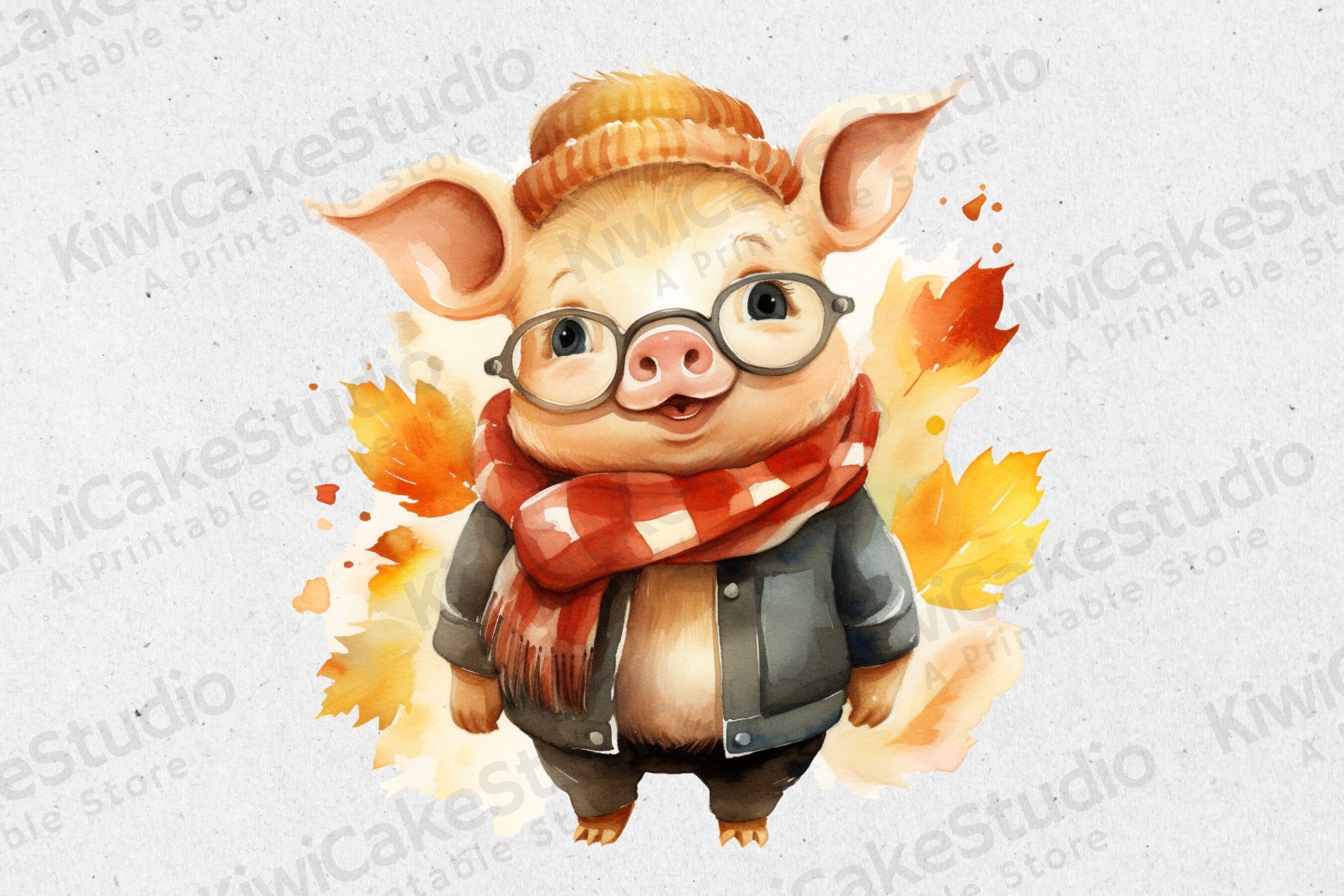 Watercolor Autumn Pig Clipart, 10 High Quality JPG, Commercial Use ...