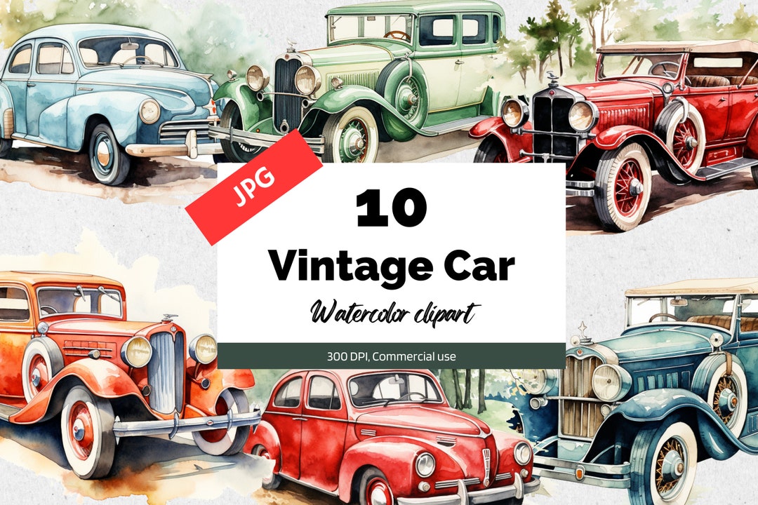 Watercolor Vintage Car Clipart, Antique Clipart, 10 High Quality Jpgs ...