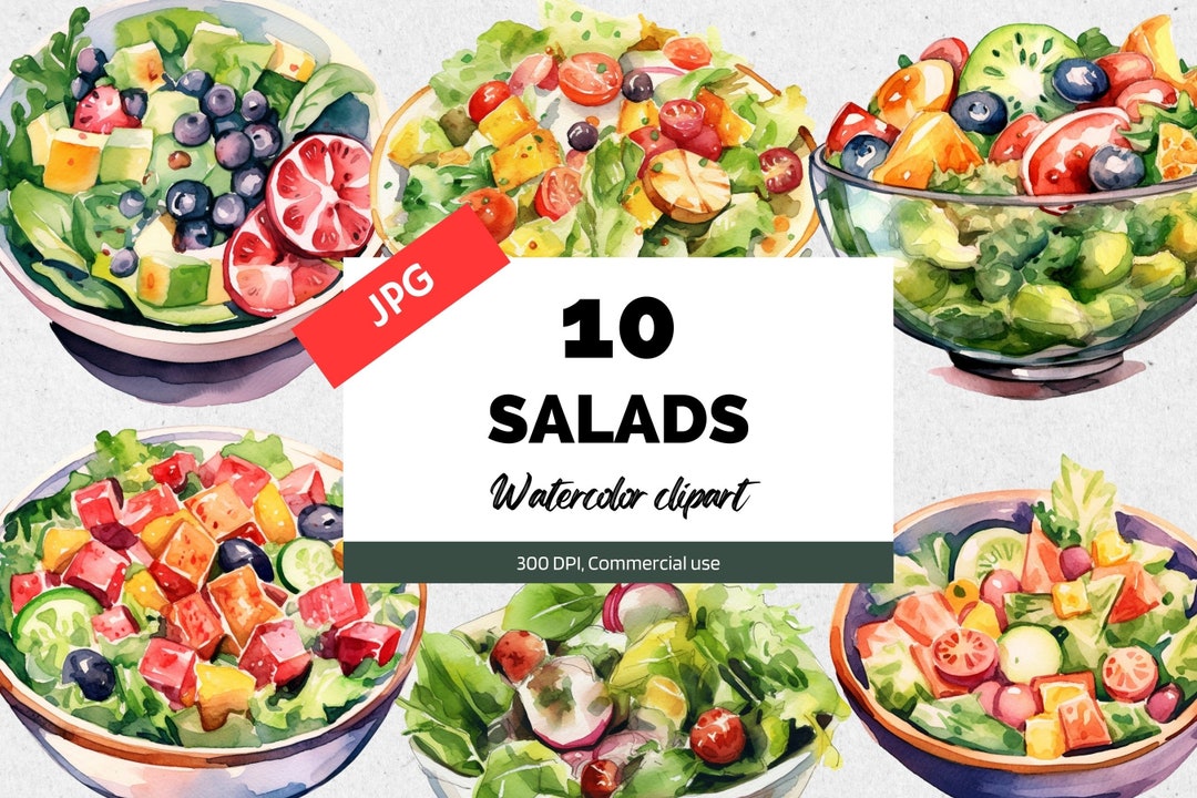 Watercolor Salad Clipart, 10 High Quality Jpgs, Commercial Use, Instant ...