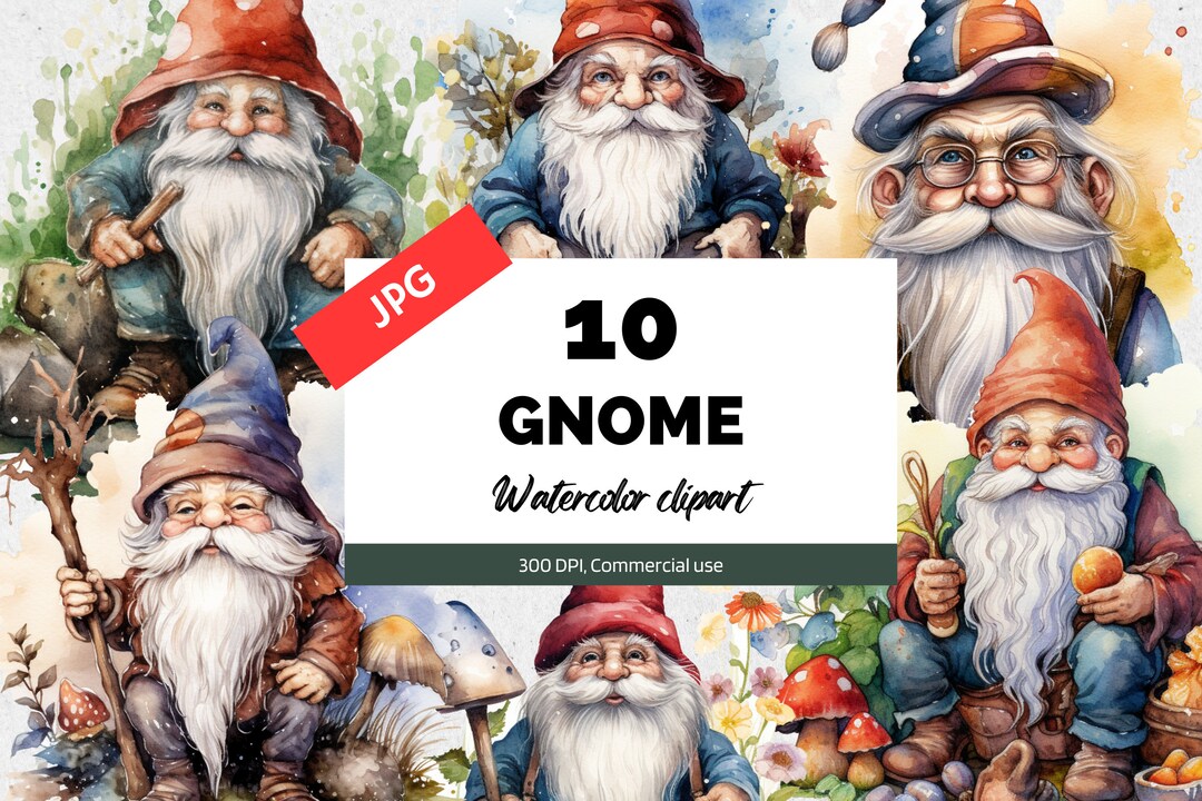 Watercolor Gnome Clipart, 10 High Quality Jpgs, Fantasy Garden Gnomes ...