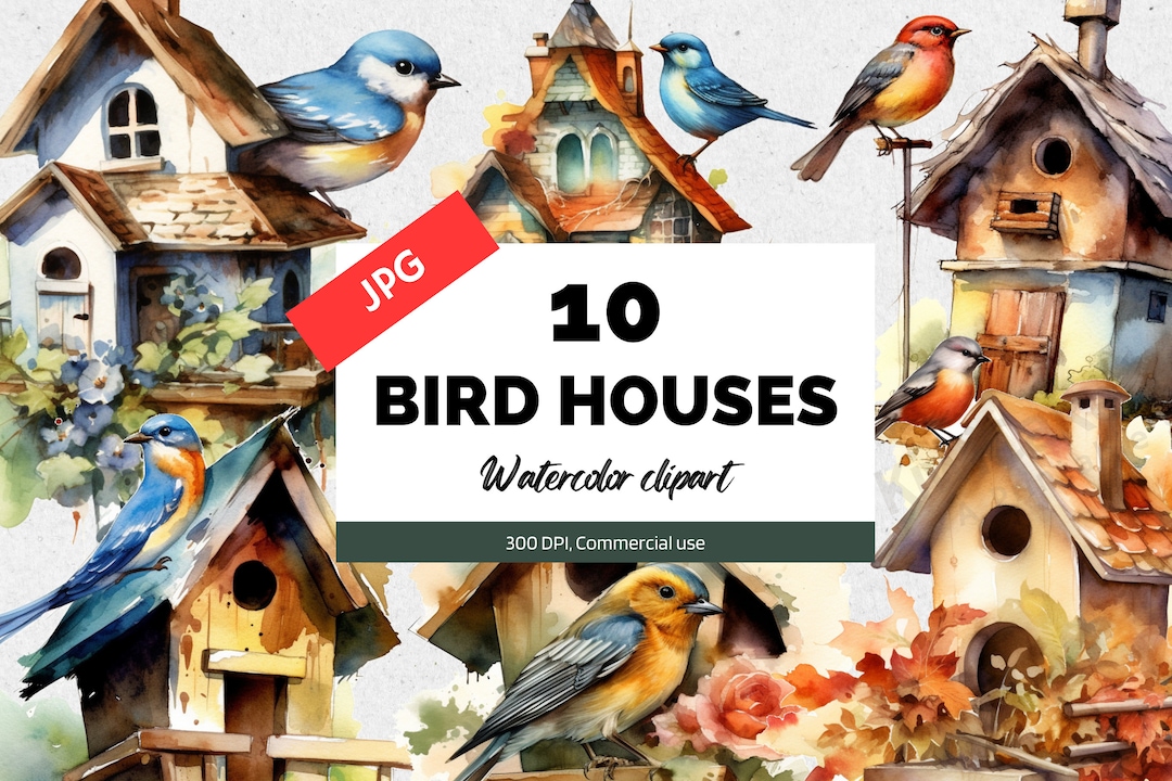 Watercolor Bird House, 10 High Quality Jpgs, Scrapbooking, Mixed Media ...