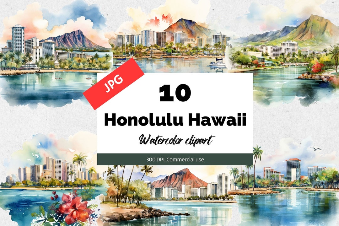 Watercolor Honolulu, Hawaii Clipart, 10 High Quality Jpgs, Commercial ...