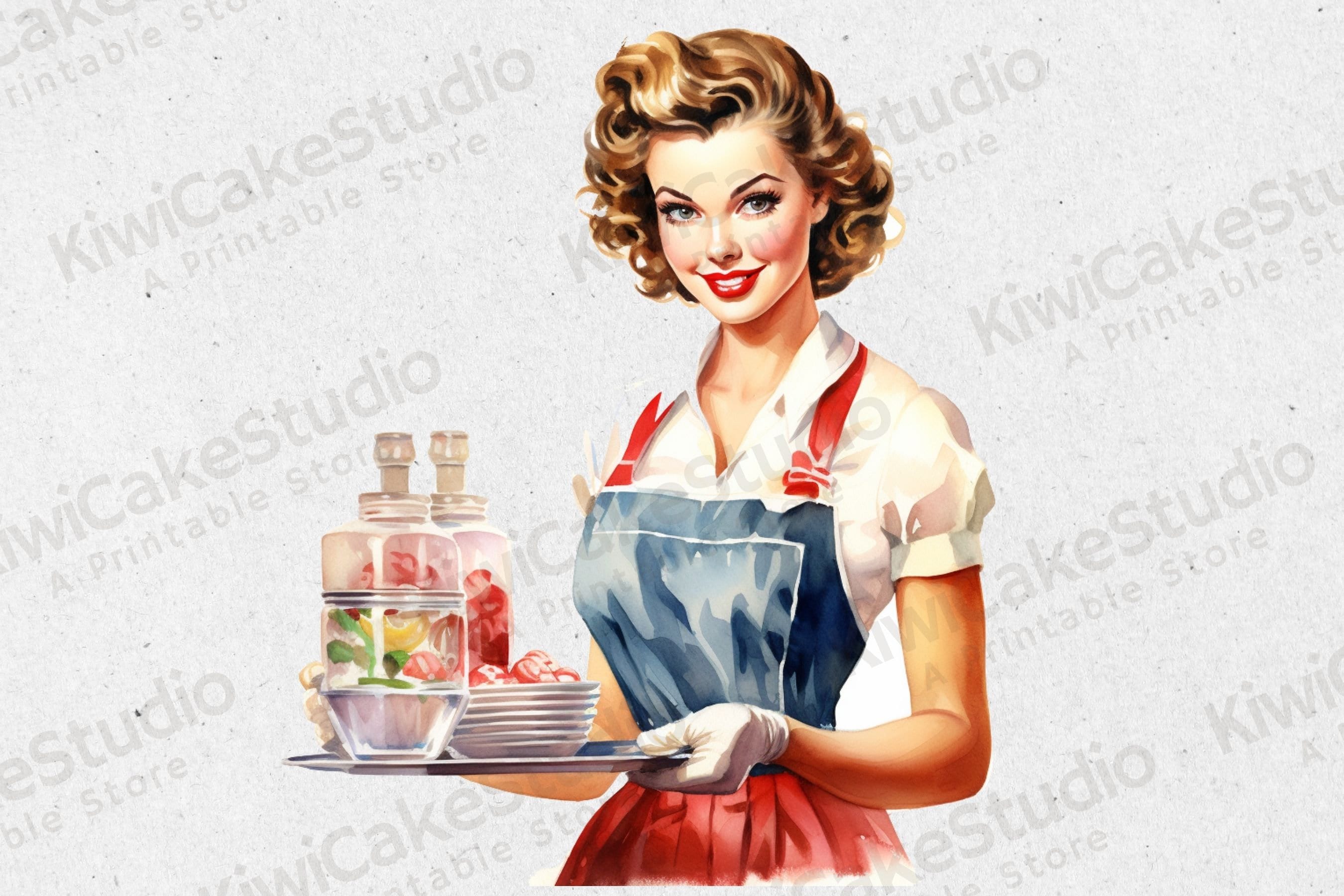 Watercolor Retro Waitress Clipart, 10 High Quality Jpgs, Commercial Use ...