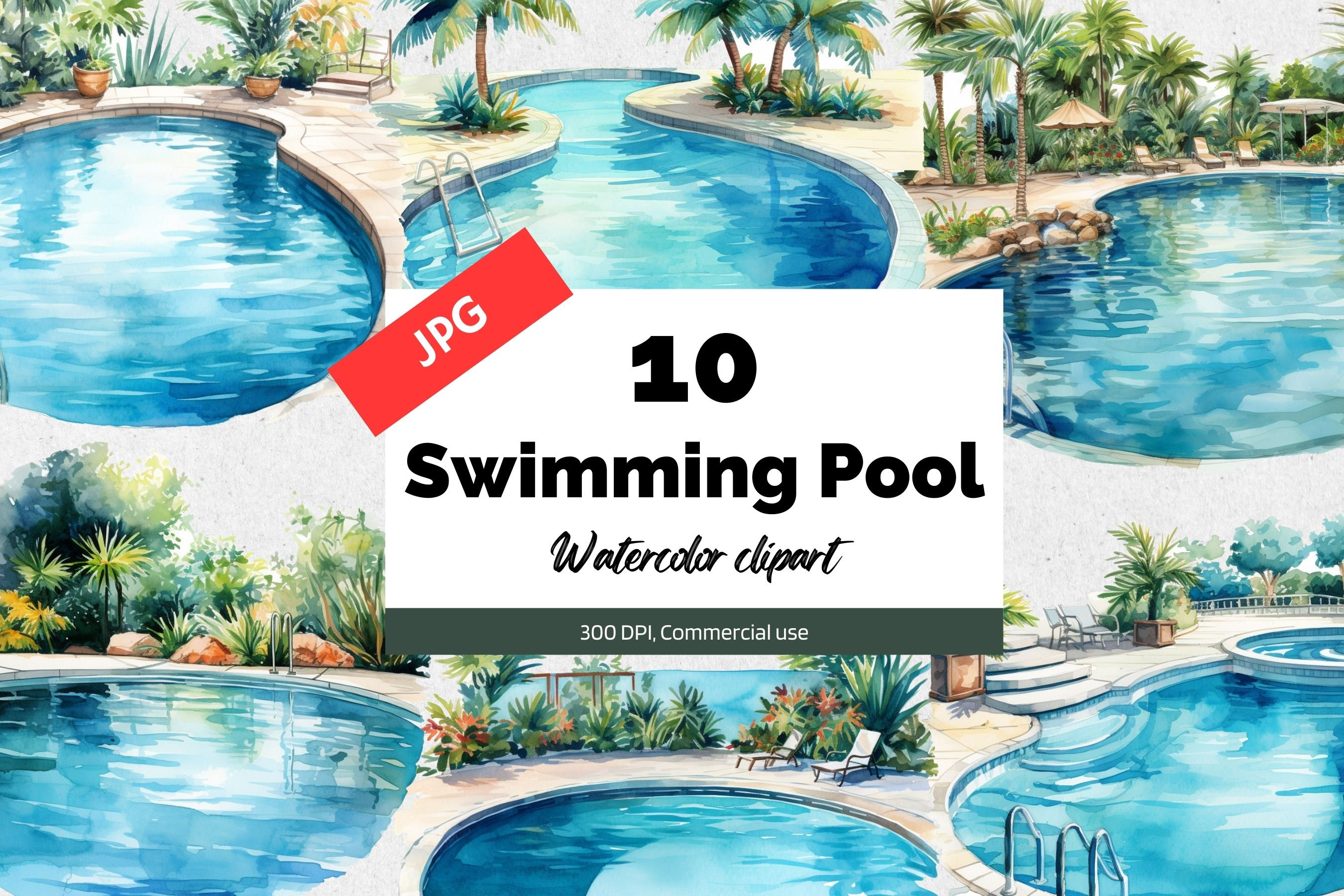 Watercolor Swimming Pool Clipart, 10 High Quality Jpgs, Commercial Use ...