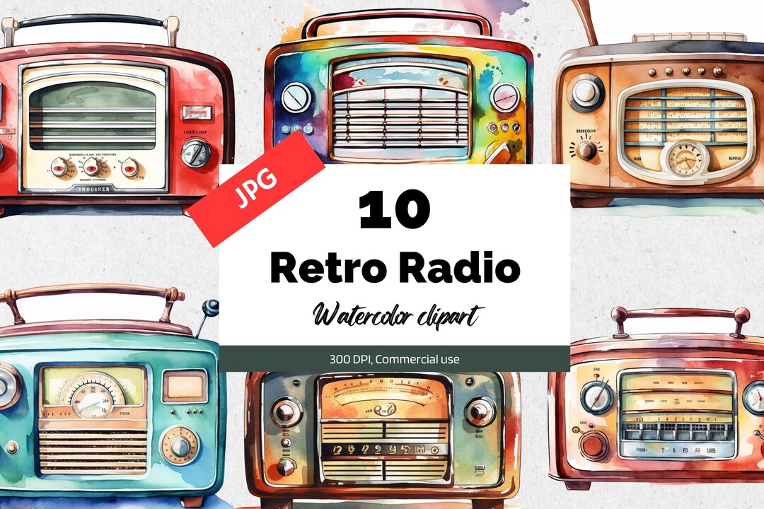 Watercolor Retro Radio Clipart, 10 High Quality Jpgs, Commercial Use ...