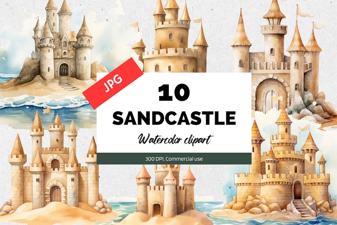 Watercolor Sandcastle Clipart, 10 High Quality Jpgs, Commercial Use ...