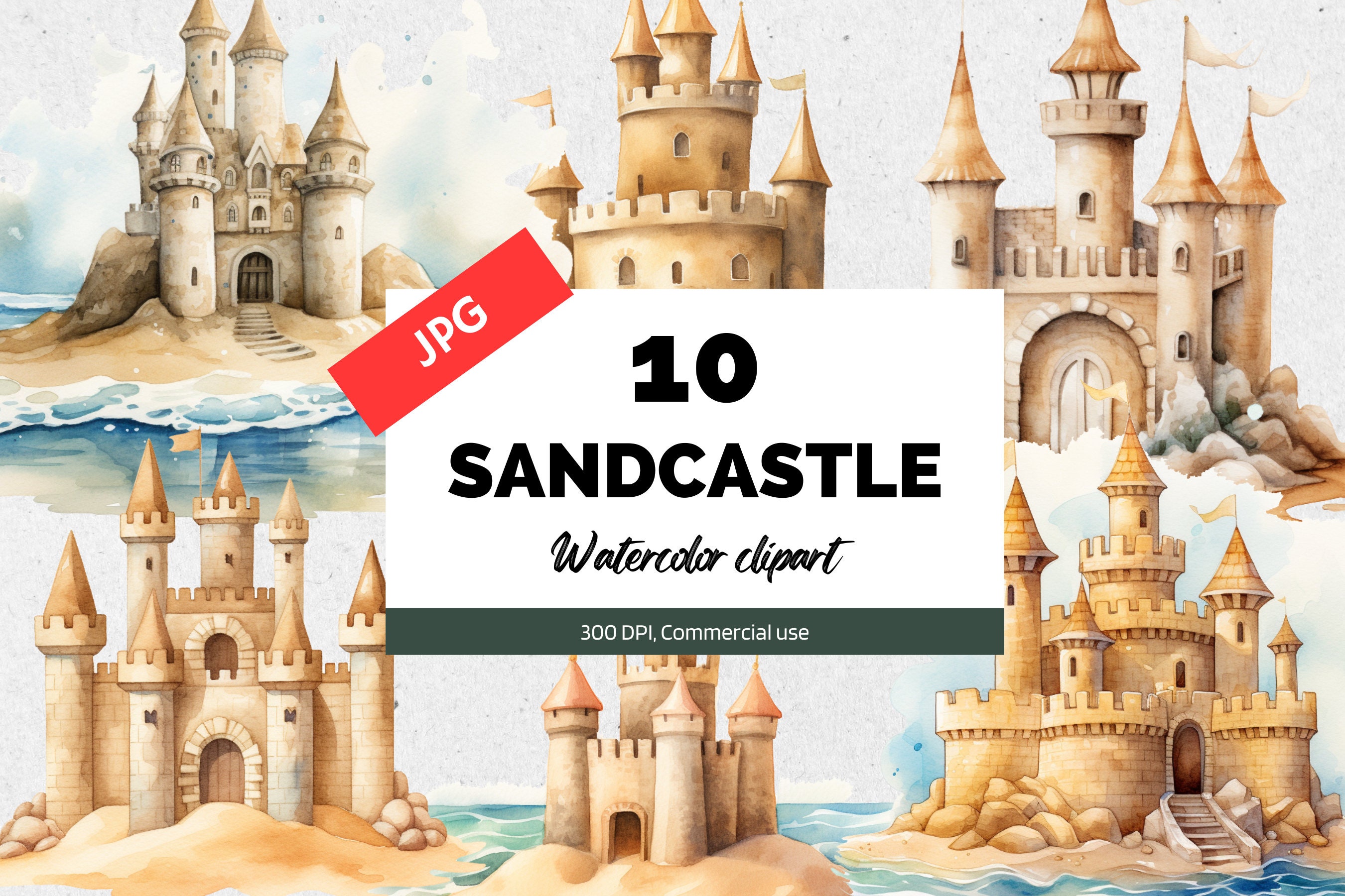 Watercolor Sandcastle Clipart, 10 High Quality Jpgs, Commercial Use ...