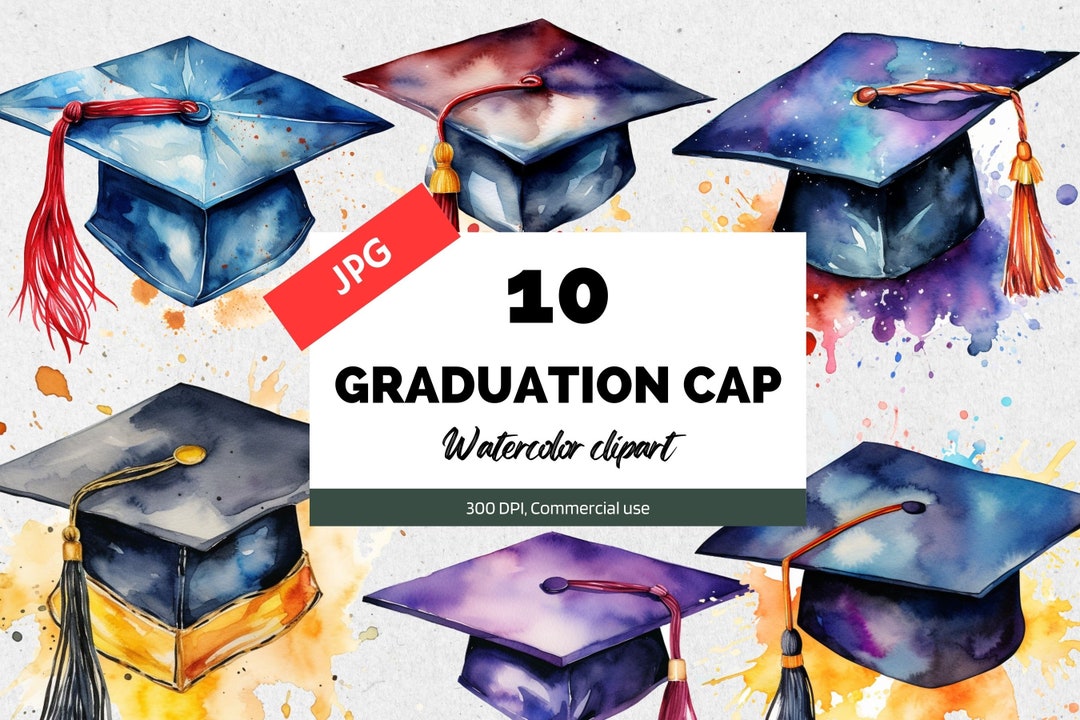 Watercolor Graduation Cap Clipart, 10 High Quality JPG, Commercial Use ...