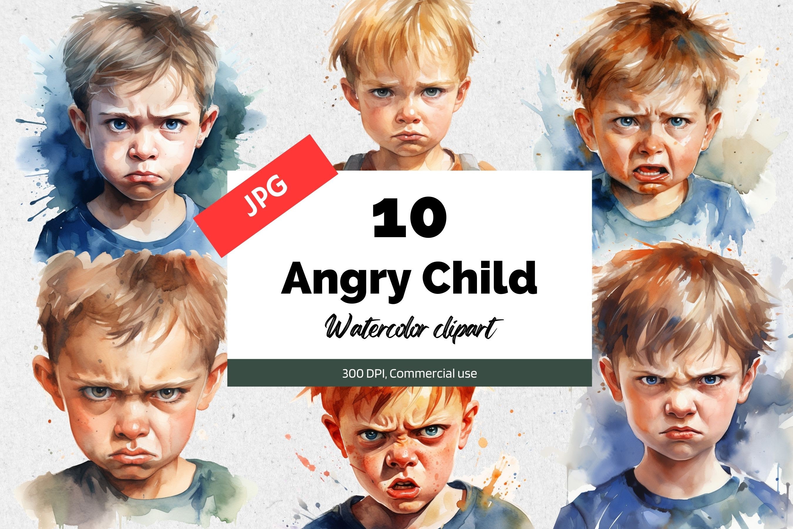 Watercolor Angry Child Clipart, 10 High Quality Jpgs, Commercial Use ...