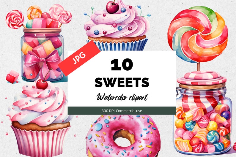 Watercolor Sweets and Snacks Clipart, 10 High Quality Jpgs, Cupcake ...