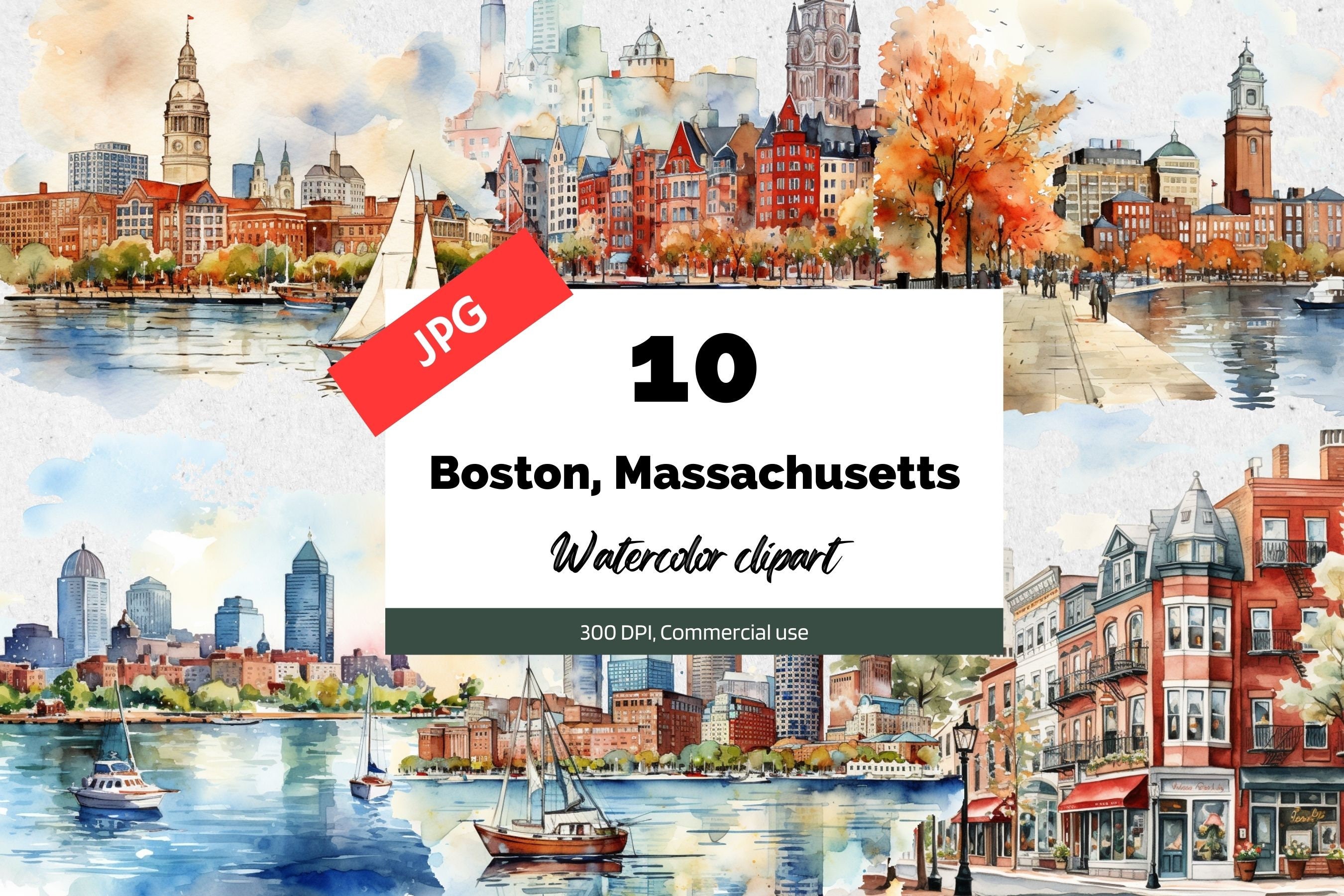Watercolor Boston Massachusetts Clipart, 10 High Quality Jpgs ...
