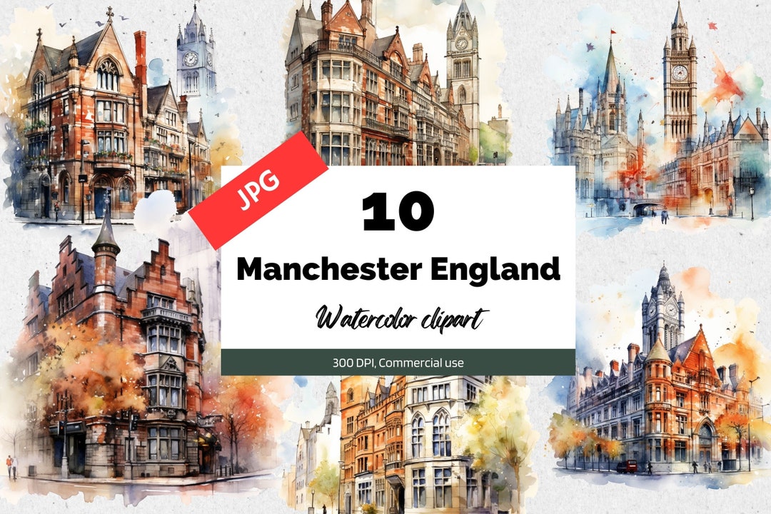 Watercolor Manchester England Clipart, 10 High Quality Jpgs, Commercial ...