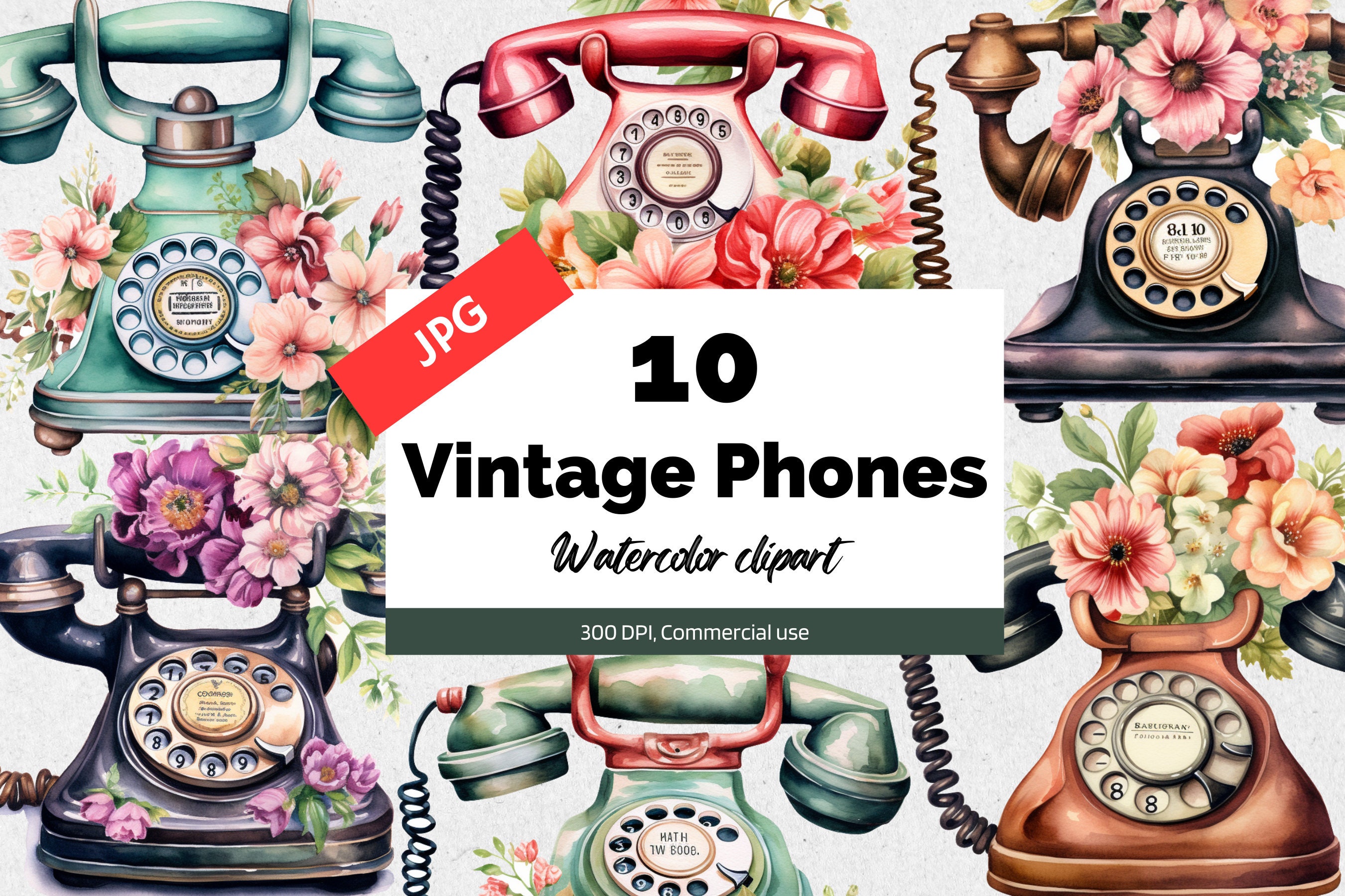 Watercolor Vintage Phone Clipart, 10 High Quality Jpgs, Card Making ...