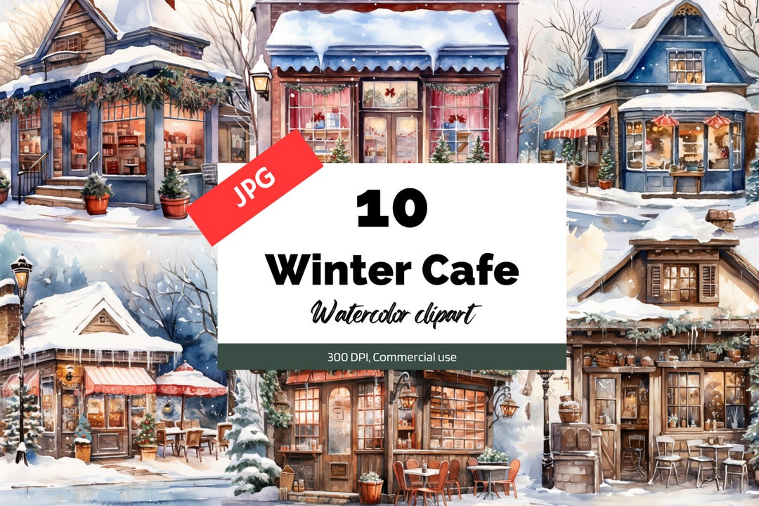 Watercolor Winter Cafe Clipart, 10 High Quality Jpgs, Watercolor Winter ...