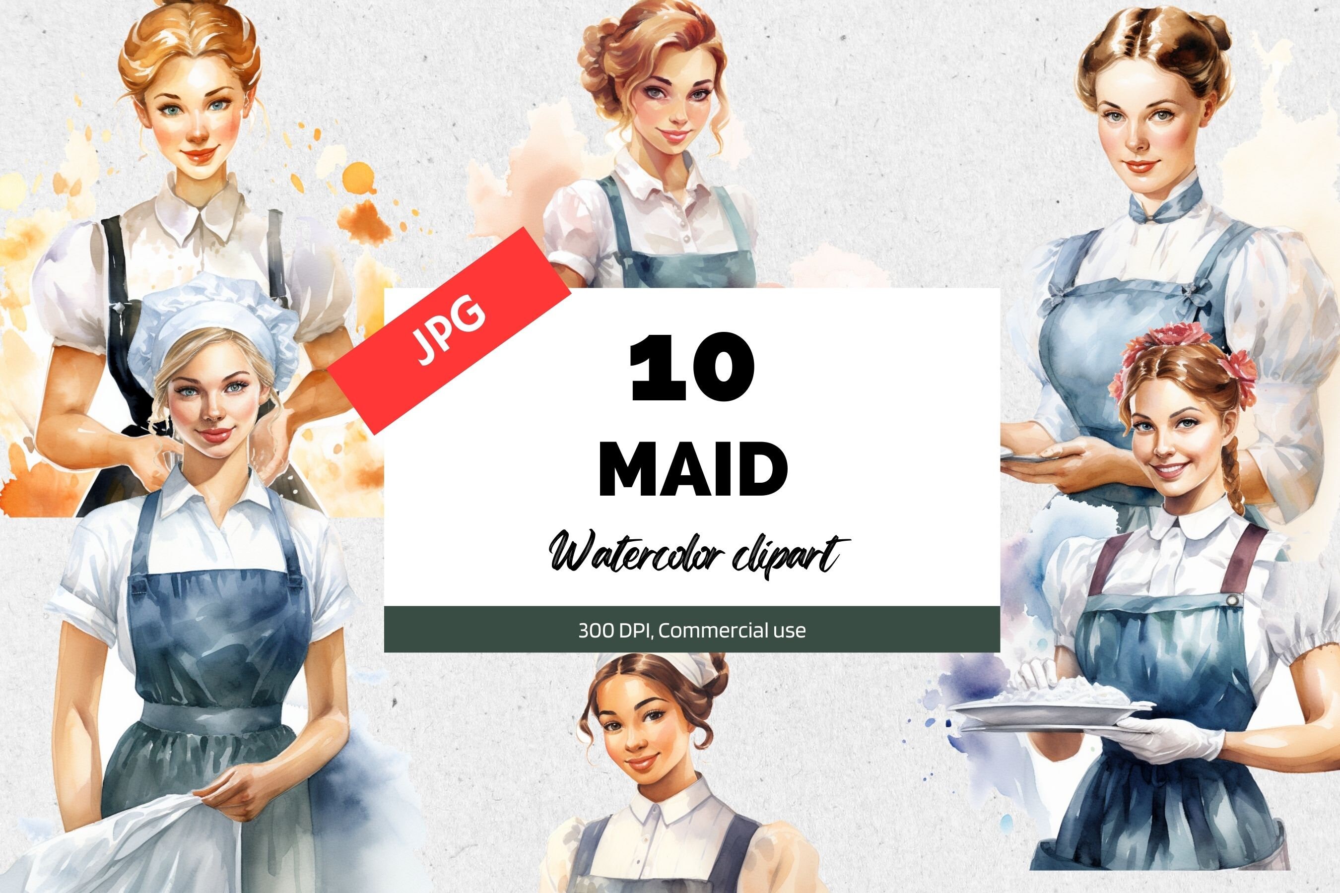 Watercolor Maid Clipart, 10 High Quality Jpgs, Commercial Use, Instant ...