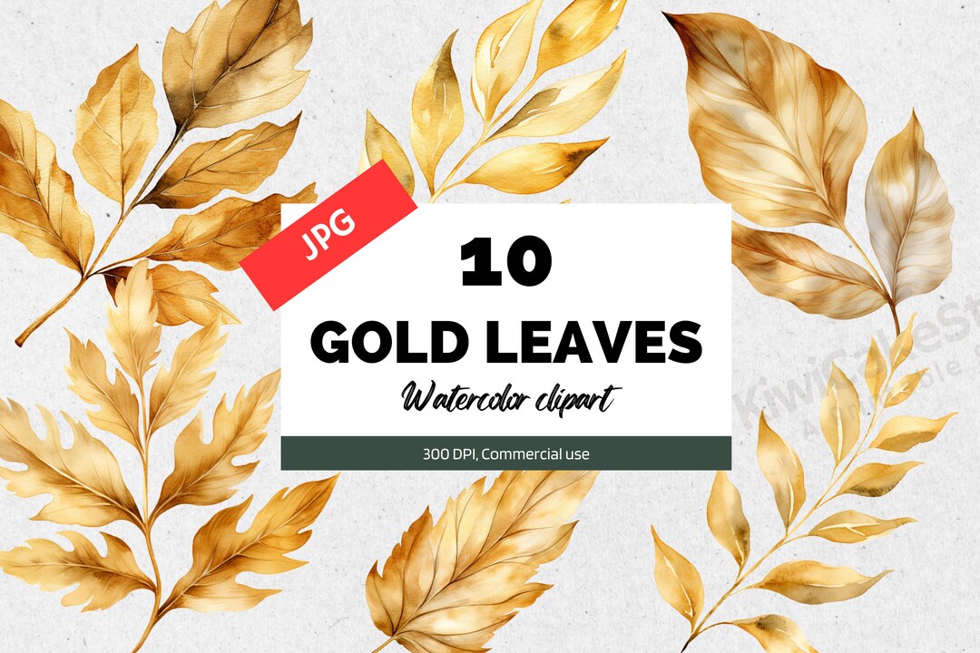 Watercolor Gold Leaf Clipart, 10 High Quality Jpgs, Gold Leaf Clip Art ...