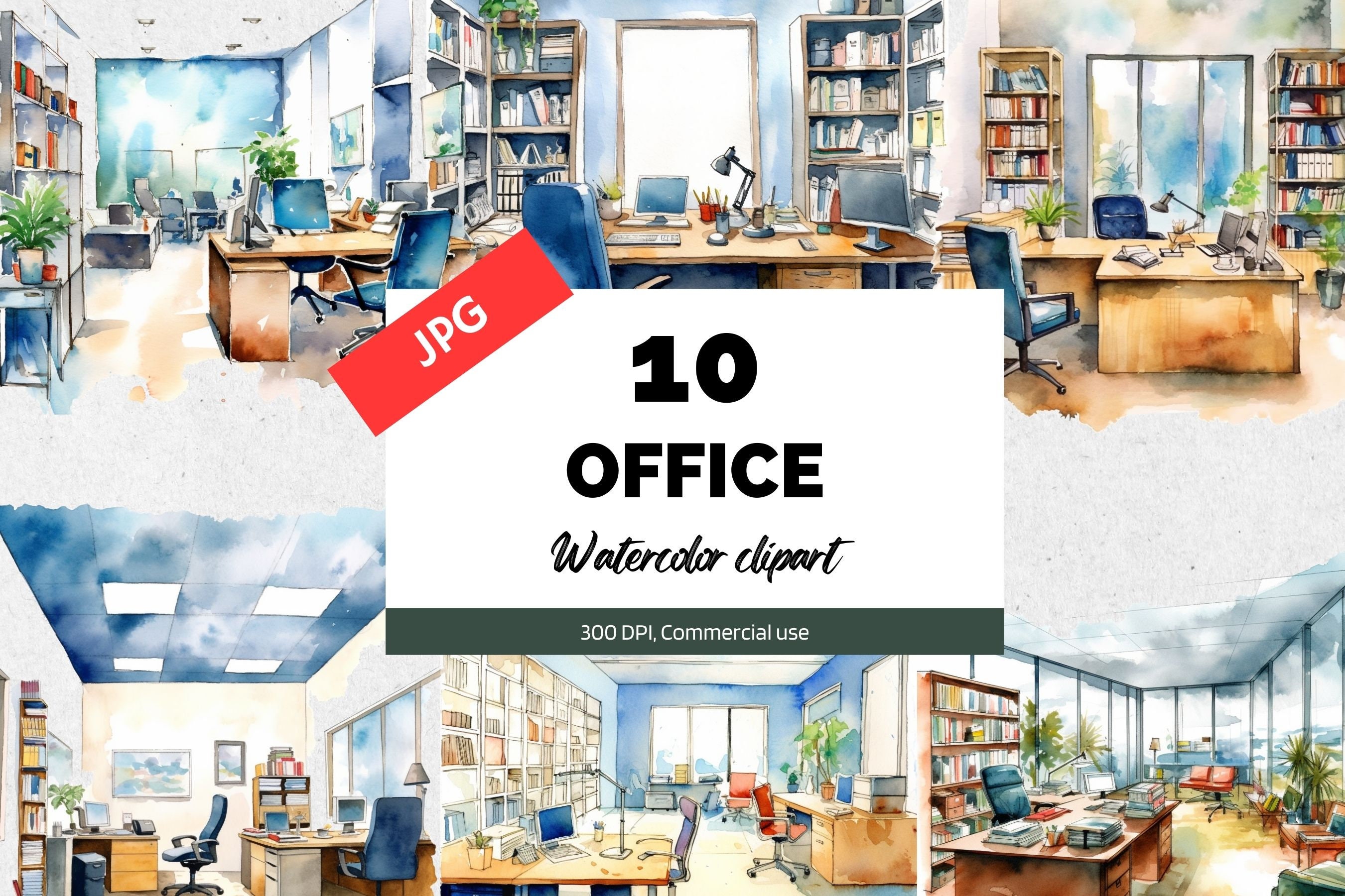 Watercolor Office Clipart, 10 High Quality Jpgs, Commercial Use ...