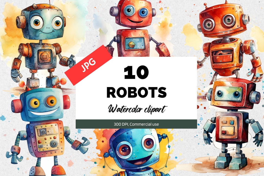 Watercolor Robots Clipart, 10 High Quality Jpgs, Commercial Use ...
