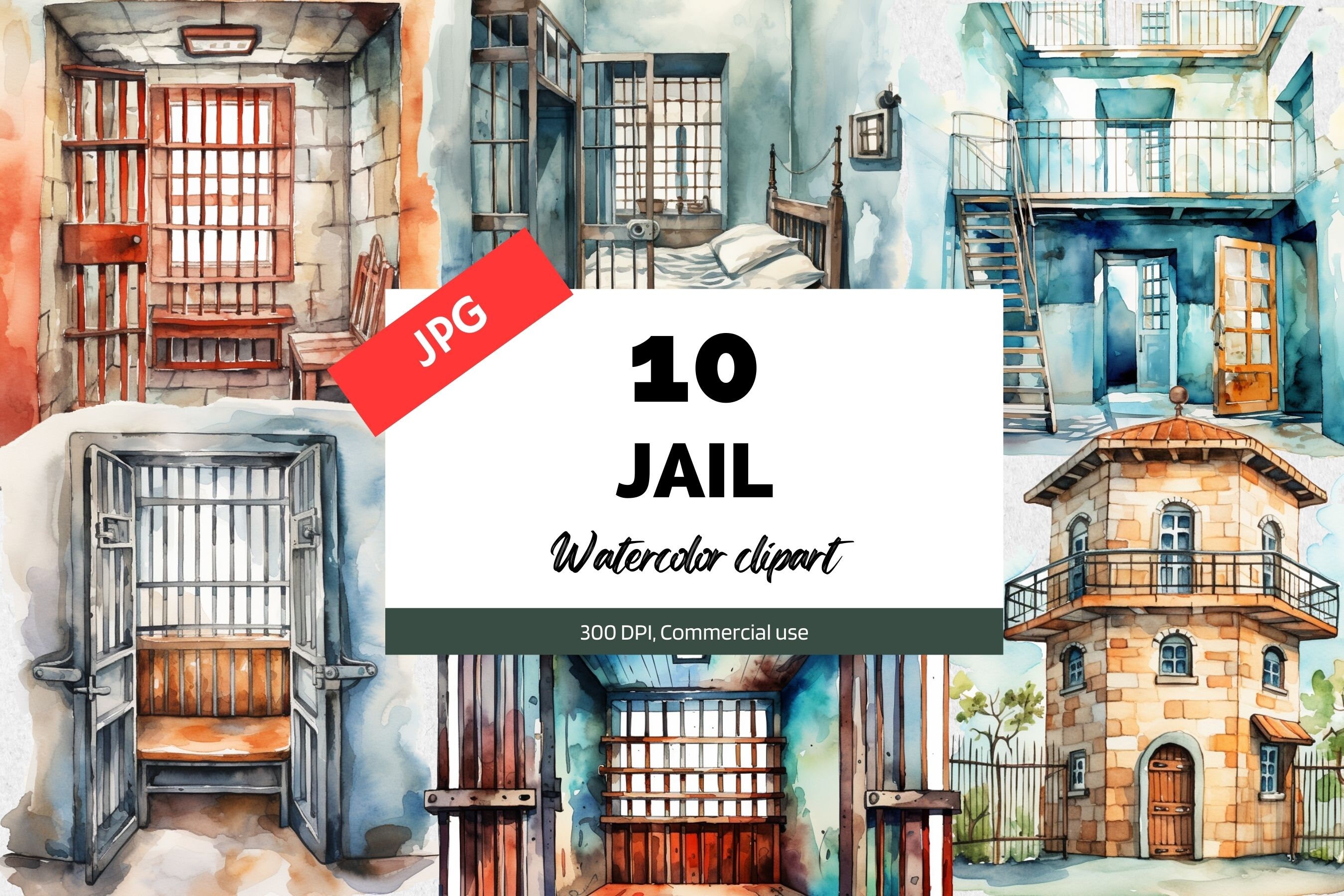 Watercolor Jail Clipart, 10 High Quality Jpgs, Commercial Use, Instant ...
