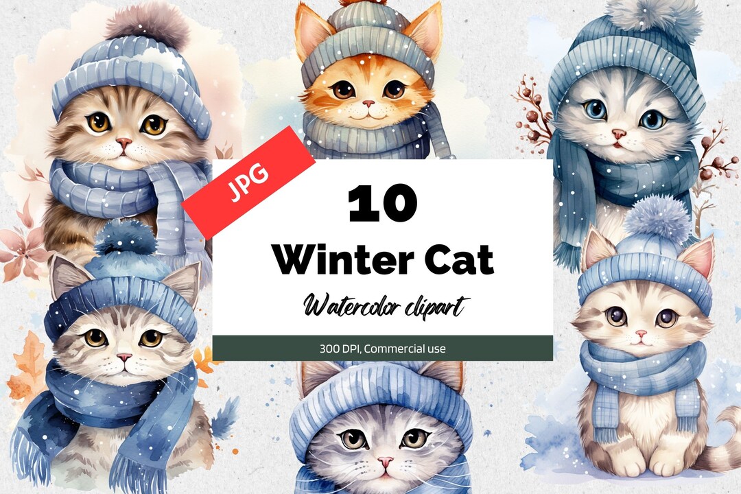 Watercolor Winter Cat Clipart, 10 High Quality Jpgs, Commercial Use ...