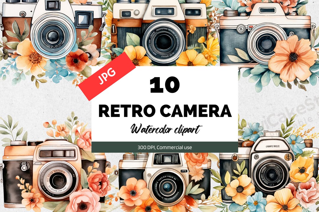 Watercolor Vintage Retro Camera Clipart, 10 High Quality Jpgs, Floral ...
