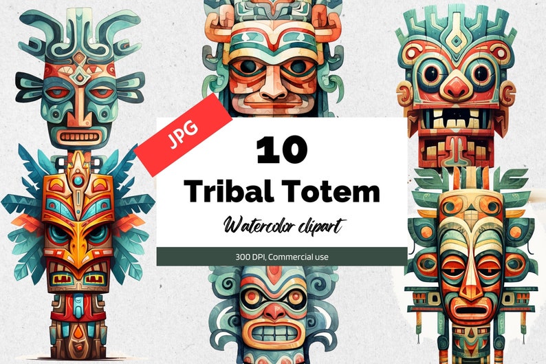 Watercolor Tribal Totem Clipart, 10 High Quality Jpgs, Commercial Use ...
